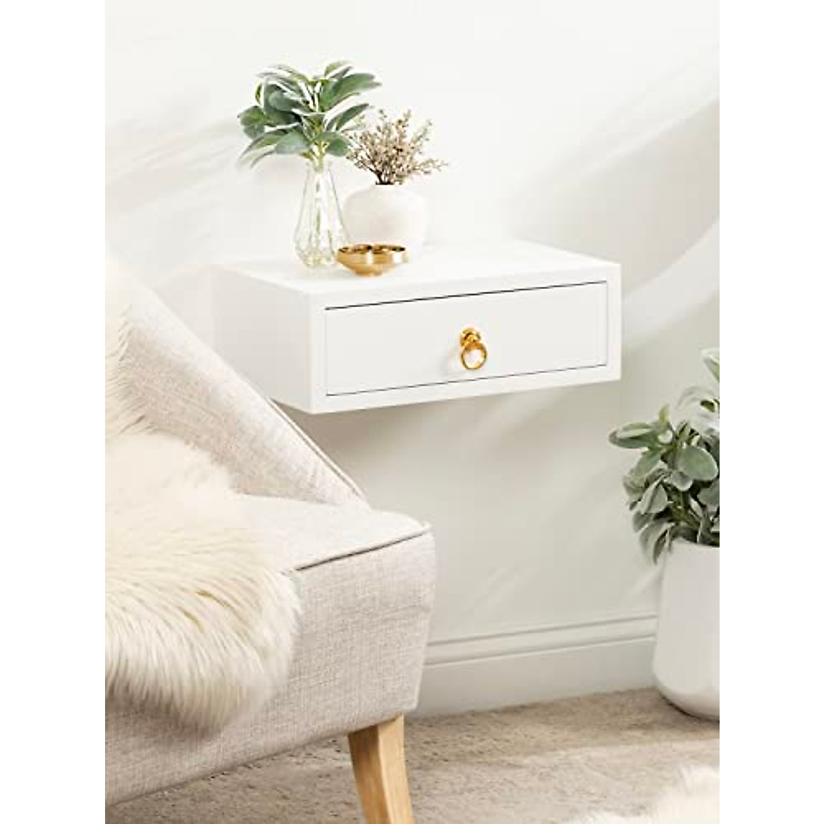 Kate and Laurel Decklyn Modern Glam Floating Side Table with Concealed Drawer for Additional Storage and Home Decor, 18x12x6, White/Gold
