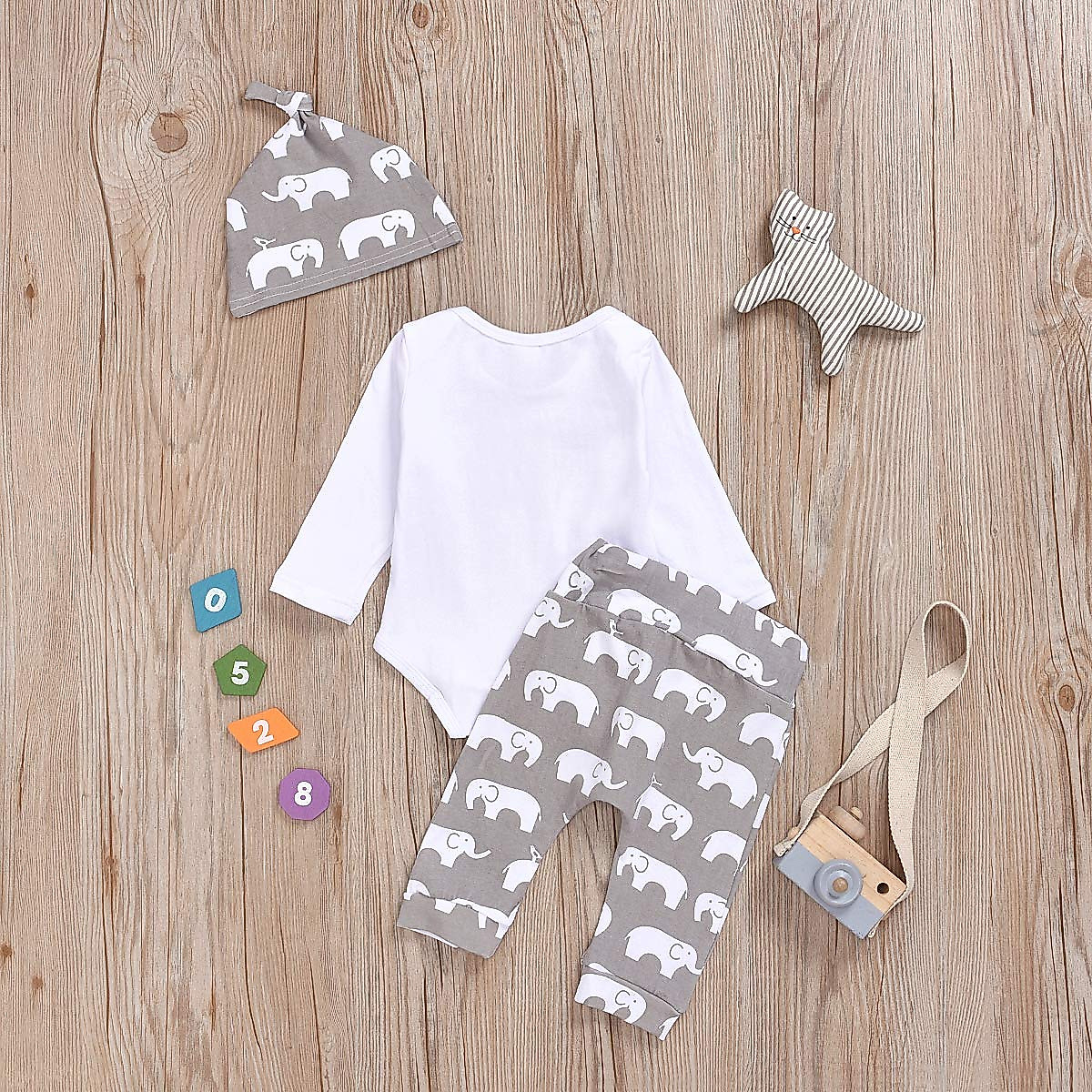 Aruzig Newborn Baby Boys Elephant Clothes Set Long Sleeve Romper Bodysuit Pants Hat 3Pcs Outfit (Long Sleeve Elephant, 0-3 Months)