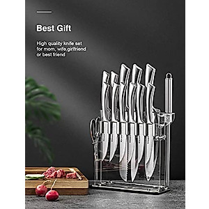 Knife Set, 14 PCS High Carbon Stainless Steel Kitchen Knife Set for Chef, Super Sharp Knife Set with Acrylic Stand, include Steak Knives, Sharpener and Scissors, Ergonomical Design by kincano