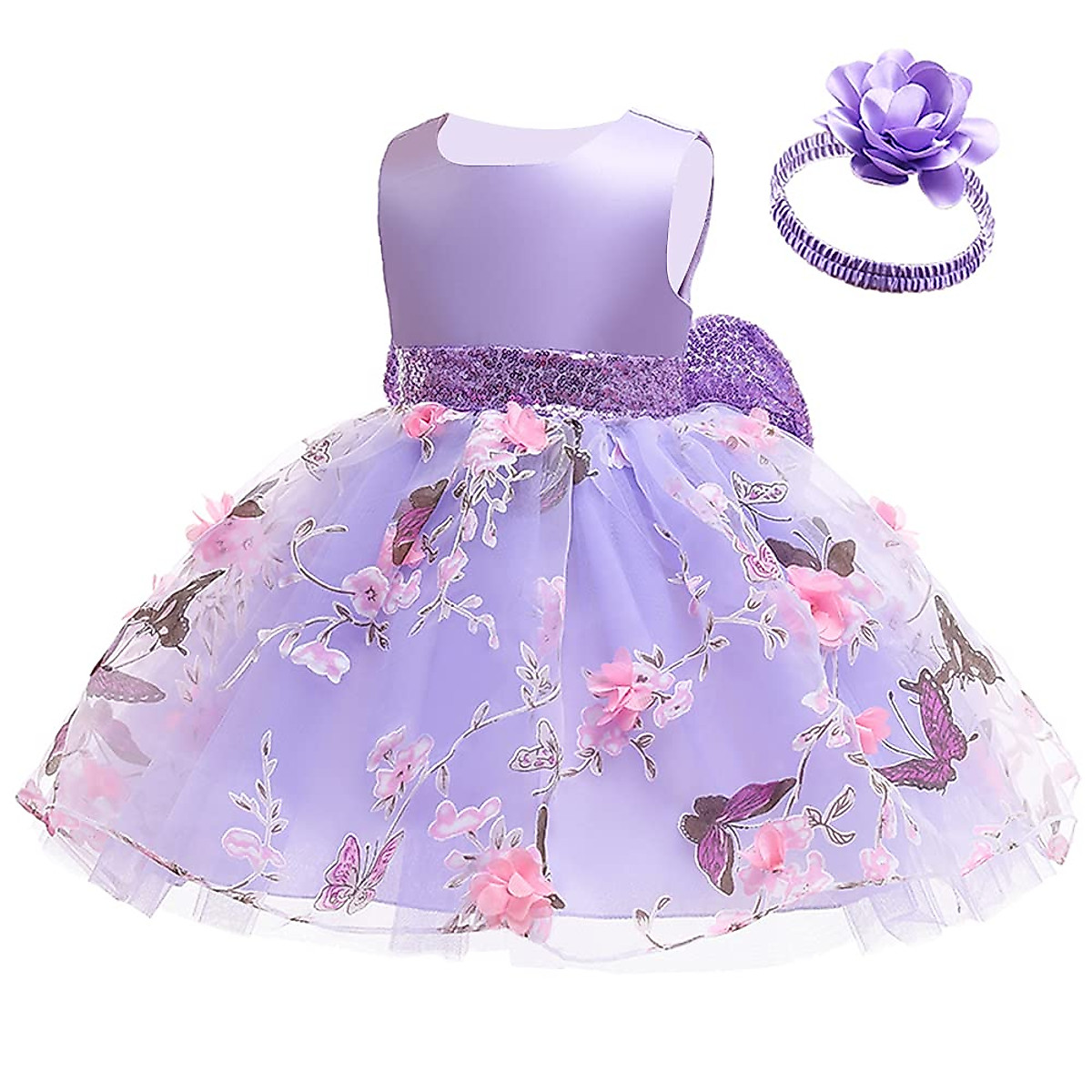 Flower Girl Sequins Bowknot Butterfly Tutu Dress for Kids Baby Christening Baptism Communion Birthday Party Dress Toddler Princess Pageant Wedding Gown with Headwear Purple - Butterfly 4-5 Years