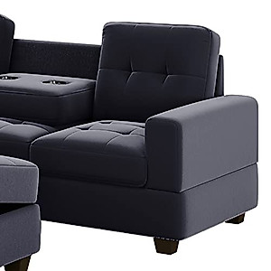 FANYE L-Shaped Oversized Corner Reversible Sectional Sofa Couch W/Chaise & Storage Ottoman,Modern 6 Seaters Velvet Upholstery Sofa&Couch with Cupholders for Home Office Apartment Living Room