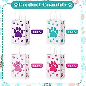 Resurhang 24 Pcs Paw Print Gift Bags with Handle Paper Treat Goodie Dog Gift Bags Dog Birthday Party Favors for Girl Boy Baby Shower, 8.2 x 6 x 3 Inches(Light Pink, Rose Pink, Teal, Purple)