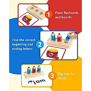 Coogam Wooden Short Vowel Spelling Games, Learn to Spell CVC Sight Words Educational Flashcards Fine Motor Montessori Alphabet Toy Gift for Kids 3 4 5 Years Old