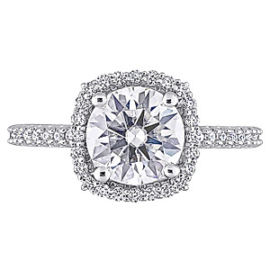 Abbie+Cleo Round Shape Created White Moissanite Gemstone Halo Statement Ring in 10K White Gold, Size 5