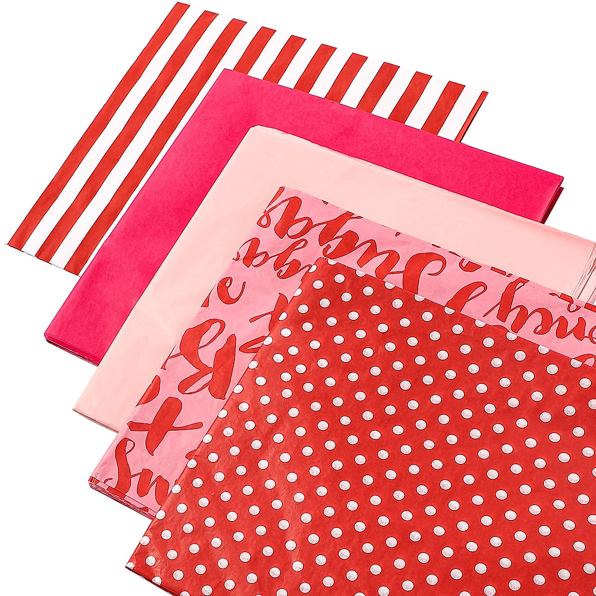 Packanewly Gift Wrap Tissue Paper for Valentine's Day - 100 Sheets Bulk Wrapping Paper Decorative Art for Gift Wrap, Flower, Pom Pom - 20x20 inch (Red, Pink, Stripe, Dot)