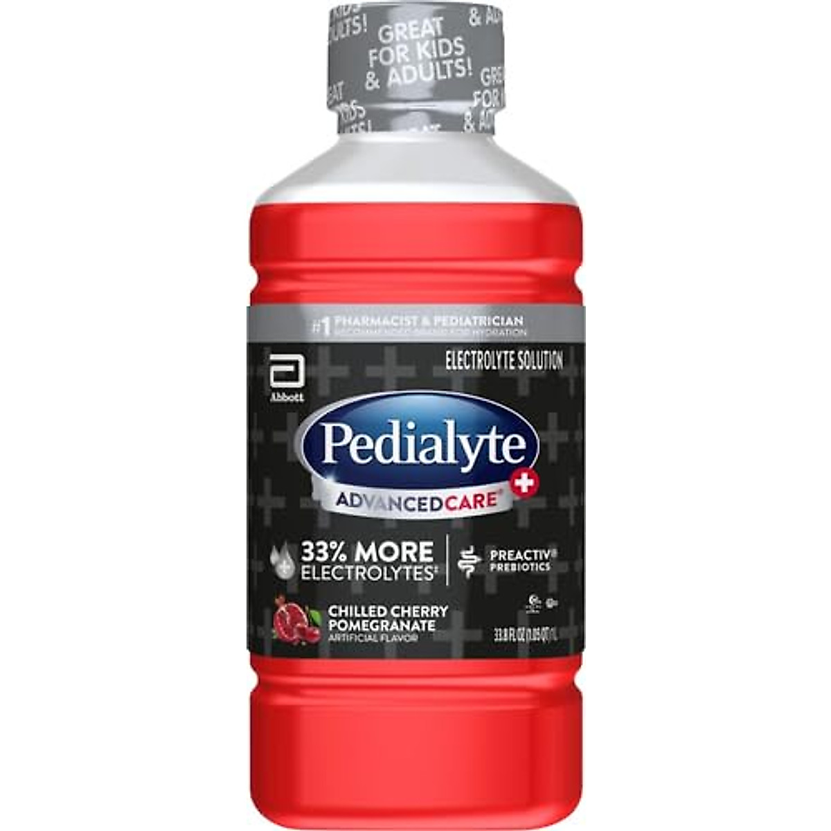Pedialyte AdvancedCare+ Electrolyte Drink with 33% More Electrolytes and has PreActiv Prebiotics, Chilled Cherry Pomegranate, Ginger, 33.8 Fl Oz