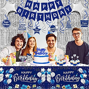 Navy Blue and Silver Birthday Decorations for Men Women, Blue Birthday Decorations for Men with Happy Birthday Banner Tablecloth Balloons Fringe Curtains Hanging Swirls Cake Toppers