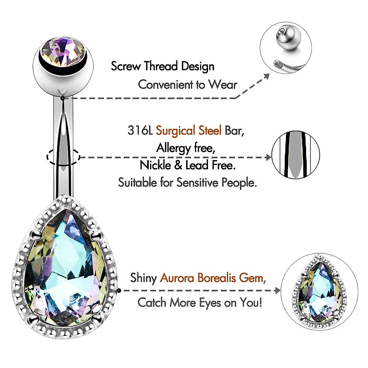 OUFER 14G Surgical Steer Belly Button Rings Tear Drop CZ Gem Navel Rings Belly Jewelry