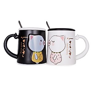 Hinomaru Collection Sweet Love Pig Couple Pair Mug Passion Piggies Kissing Matching Companion Mug Set Pack of 2 With Stirring Spoon (Black White)