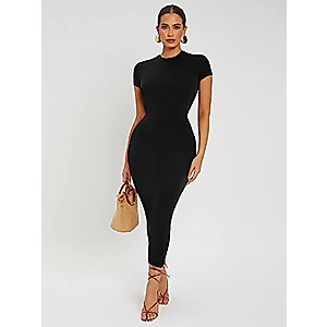 Verdusa Women's Round Neck Cap Sleeve Solid Long Pencil Bodycon Dress Black S