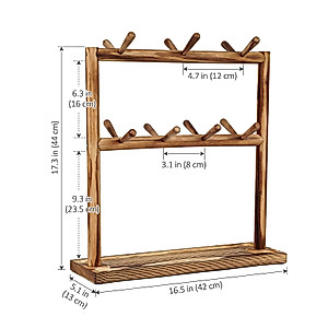Puricon Mug Holder Coffee Cup Shelf for Counter, 2 Tier Wood Mug Tree Stand Organizer with 14 Sturdy Hooks and Storage Base, Double Sides Tea Cups Display Rack for Large and Small Mugs -Oak