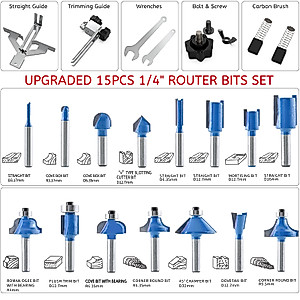 TwoWin Router Tool, 110V 800W Compact Wood Router Tool for Woodworking, Electric Hand Trimmer 1/4" Collets Palm Wood Router Tools Laminate Trimmer + Tungsten Carbide Router Bits 15-Piece Set