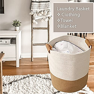 OHROS 1 Piece Woven Baskets For Storage Rope Laundry Basket For Organizing Hamper Boho Cotton Laundry Basket For Bathroom Towel Blanket Closet Clothes Storage Toy Bin Round Tall Basket 13.5 X 14.5"
