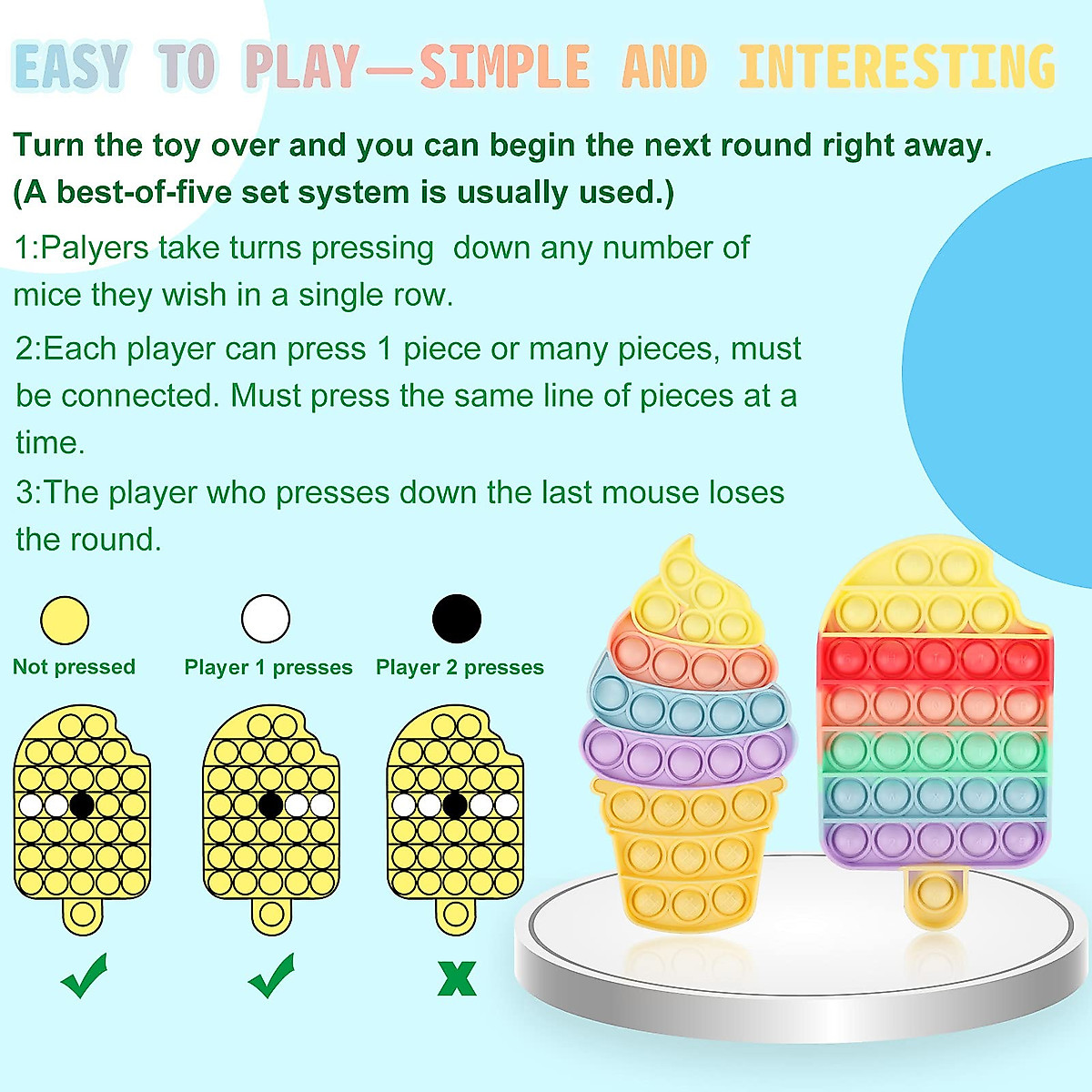 SYAEQ 2PCS Push Bubble Pop Fidget Sensory Toy, Autism Special Needs Silicone Stress Reliever Toy, Anti-Anxiety Squeeze Sensory Toy for Kids Teens Adults Girls Boys (IceCreamCone)