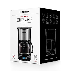Chefman 12-Cup Programmable Coffee Maker, Electric Brewer, Auto Shut Off, LCD Display With Auto-Brew Function, Anti-Drip Pot, Reusable Filter for Fresh Grounds, Round Stainless Steel, Glass Carafe