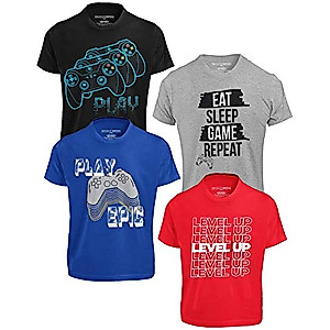 BROOKLYN VERTICAL Boys 4-Pack Short Sleeve Crew Neck T-Shirt with Chest Print | Gaming, Play, Video Gamer Prints for Sizes 6-20 Grey