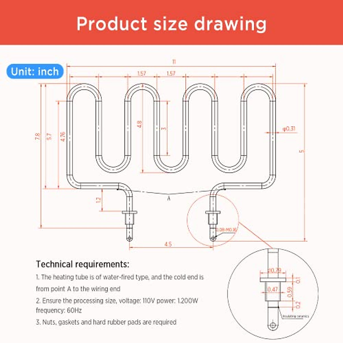LIANQIAN Replacement Heat Element for Commercial Steam Table Immersion Element Stainless Steel for Food Warmer