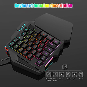 MoModer One Hand Gaming Keyboard and Mouse Combo, 35 Keys Wired Mechanical Feel Rainbow Backlit Gaming Keyboard with Gaming Mouse for PC PS4 Xbox Gamer