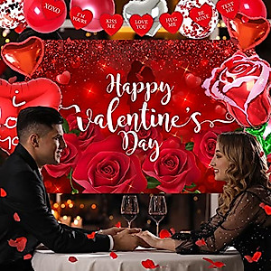 Valentines Day Home Decorations-I Love You Balloons Valentines Day Backdrop for Photography Red Heart Rose Valentines Romantic Decorations