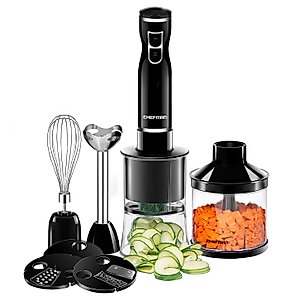 Chefman Electric Spiralizer & Immersion Blender/Vegetable Slicer 6-in-1 Food Prep Combo Kit, Includes 3 Spiralizing Blade Attachments, Zoodle Maker; Grate, Ribbon, Spiral, Blend, Chop, and Puree