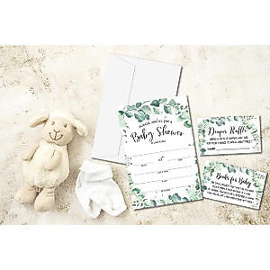 Baby Shower Invitation Kit, Diaper Raffle Games, Books For Baby, Greenery, Eucalyptus Baby Gender Reveal Fill In Invites Cards, Each Design 25 Cards & 25 Envelopes （A Total of 100 set） - BABYSET-007
