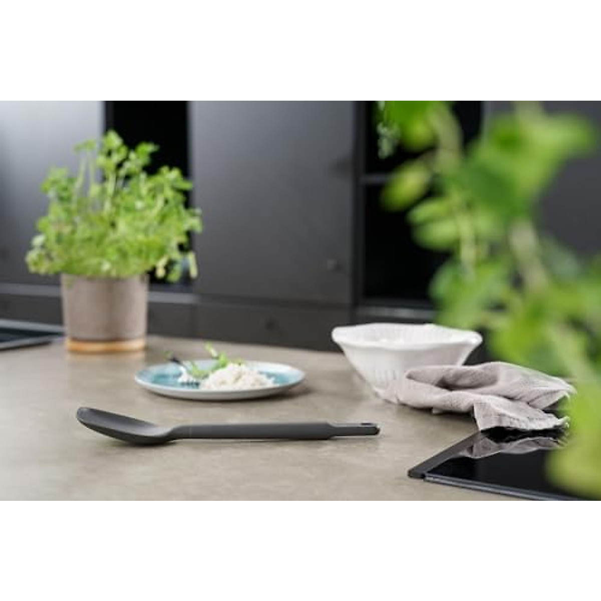 Zyliss E980228 Medium Cooking Spoon, Sustainable Wheatstraw/Nylon, Non Stick, Heat Resistant Silicone Head, Kitchen Utensil, Beluga Grey, 12.1" x 2.5", Dishwasher Safe, 5 Year Guarantee