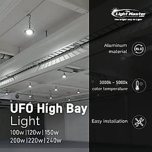 THE LIGHT MASTER - UFO LED Highbay Light – Power and CCT Adjustable, 200W/220W/150W, 38500 lm – 120-277 V – IP 65 Waterproof, UL, DLC – Garages, Warehouses, Storage Facilities, Factories