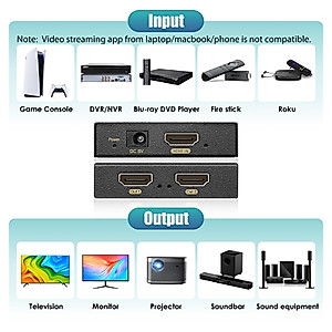 HBAVLINK 4K HDMI Splitter 1 in 2 out 60Hz- HDCP 2.2/2.3 Bypass, HDR, Dolby Atmos/DTS5.1/7.1 - Compatible with PS5/PS4/PS3, Apple TV, Xbox, Cable Box, Roku Stick, etc.