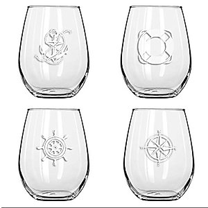 SET OF 4 -Stemless Boat Wine Glasses-Nautical Themed, Plastic, 16oz, Pool Wine Glasses, Shatter Proof Drinking Glasses for Wine or Cocktails