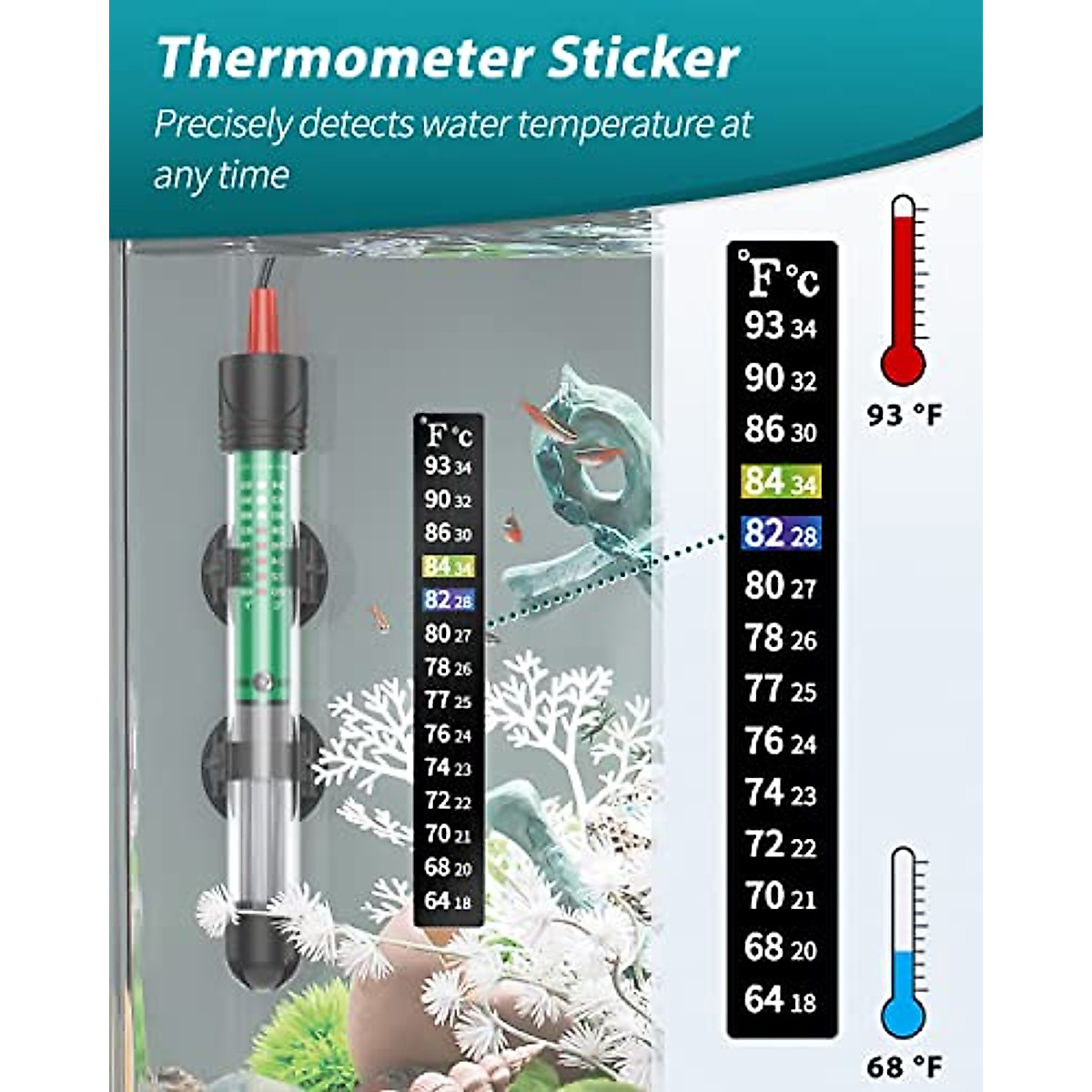 Uniclife Aquarium Heater 25W/50W/100W/200W Adjustable Submersible Heating Rod with Electronic Thermostat LED Indicator Light and Thermometer Sticker for Freshwater Marine Fish Tanks