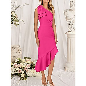 ANRABESS Women's Summer One Shoulder Formal Graduation Prom Midi Dresses Sleeveless Bodycon Mermaid Ruffle Cocktail Wedding Guest Dress 838meihong-L Rose