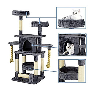 Go Pet Club 57.5" Jungle Rope Cat Tree Kitty Condo Tower House Furniture with Swing Bed and Spinning Scratching Post, Slate Gray