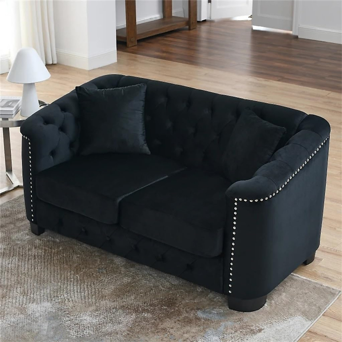 FANCUF 59-Inch Velvet Sofa, 2-Seater Sofa, Upholstered Tufted Backrests with Nailhead Arms A for Living Room