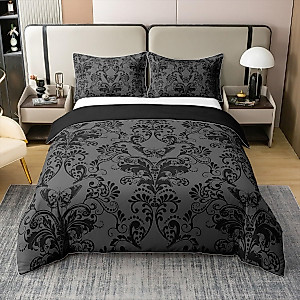 Erosebridal 100% Cotton Dark Grey Damask Comforter Cover King Size Black Butterfly Duvet Cover Vintage Floral Bedding Set for Adult Teens Antique Victorian Baroque Quilt Cover,Bedroom Decor