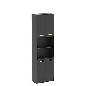 Cozy Castle Kitchen Pantry Storage Cabinet 75" Tall 4 Doors Wood Freestanding Cupboard with Open Countertop and Adjustable Shelves Utility Cabinets for Dining Room Living Room Laundry Bathroom, Black
