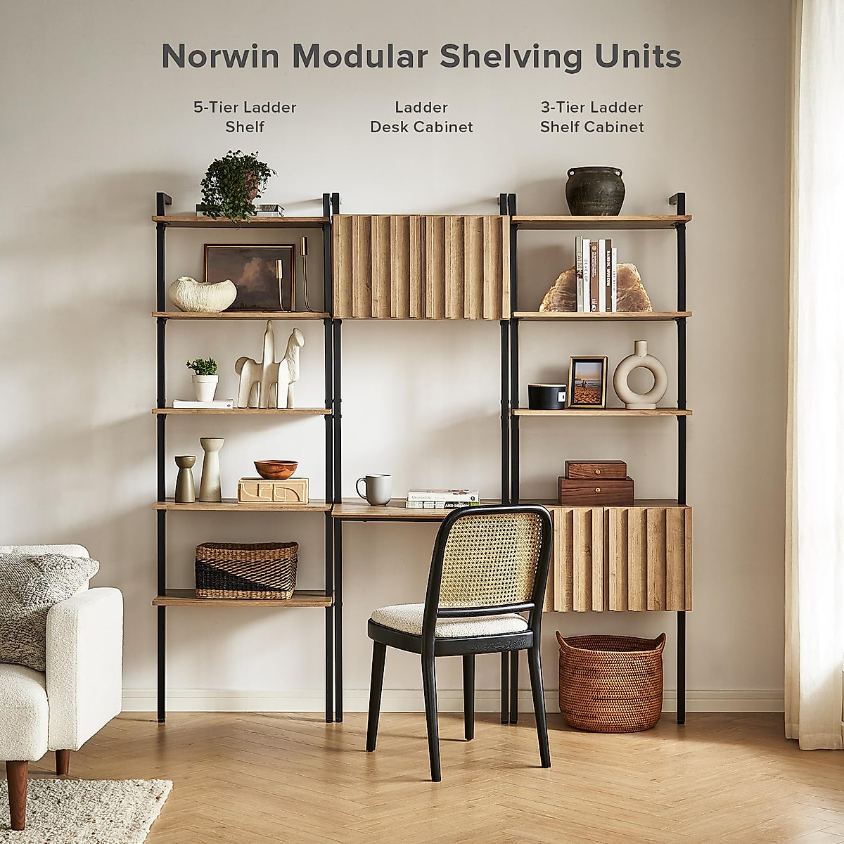 mopio Norwin 5-Tier Ladder Shelf, 3-Tier Ladder Shelf Cabinet & Ladder Desk Cabinet (Set of 3), Wall Book Shelves, Farmhouse Industrial Bookcases, Standing Shelf, Desk Shelf, Living Room, Bedroom