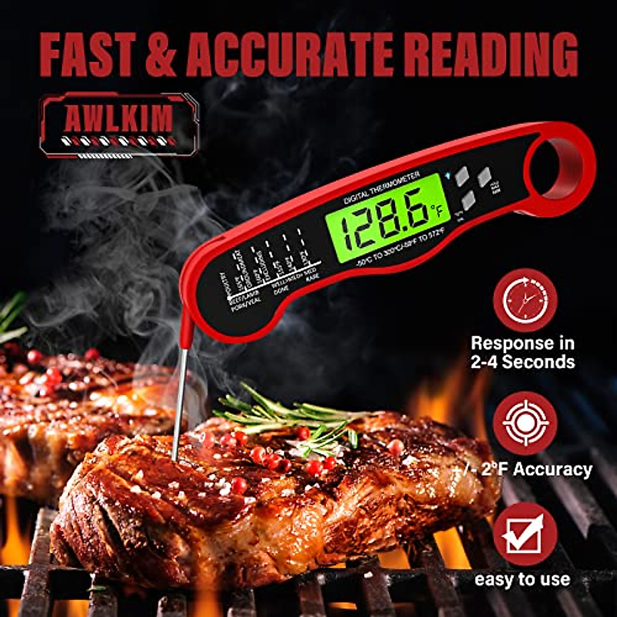 AWLKIM Meat Thermometer Digital - Fast Instant Read Food Thermometer for Cooking, Candy Making, Outside Grill, Waterproof Kitchen Thermometer with Backlight & Hold Function - Red