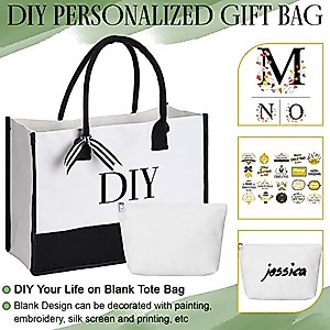 10 Pcs Canvas Tote Bags for Women Canvas Gift Bag with Makeup Bag Large Beach Tote Bag Reusable Blank Tote Bag for Bridesmaid Wedding Shopping Grocery Travel,15.7 x 11.8 x 6.7 Inch (Stripe Ribbon)