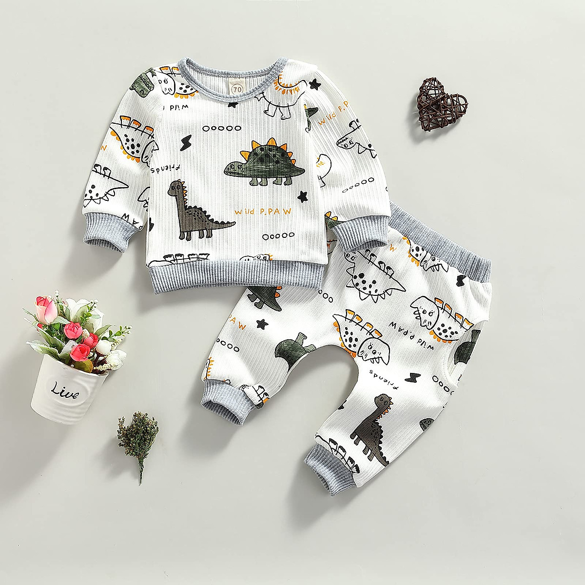 Newborn Infant Baby Boy Girls Clothes Printed Gender Neutral Long Sleeve Sweatshirts Fall Winter Pants Outfits Clothing (White, 0-3 Months)