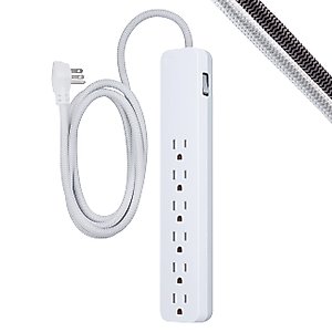 GE UltraPro 6-Outlet Surge Protector, 6 Ft Designer Braided Extension Cord, 560 Joules, Flat Plug, Wall Mount, UL Listed, White, 45270