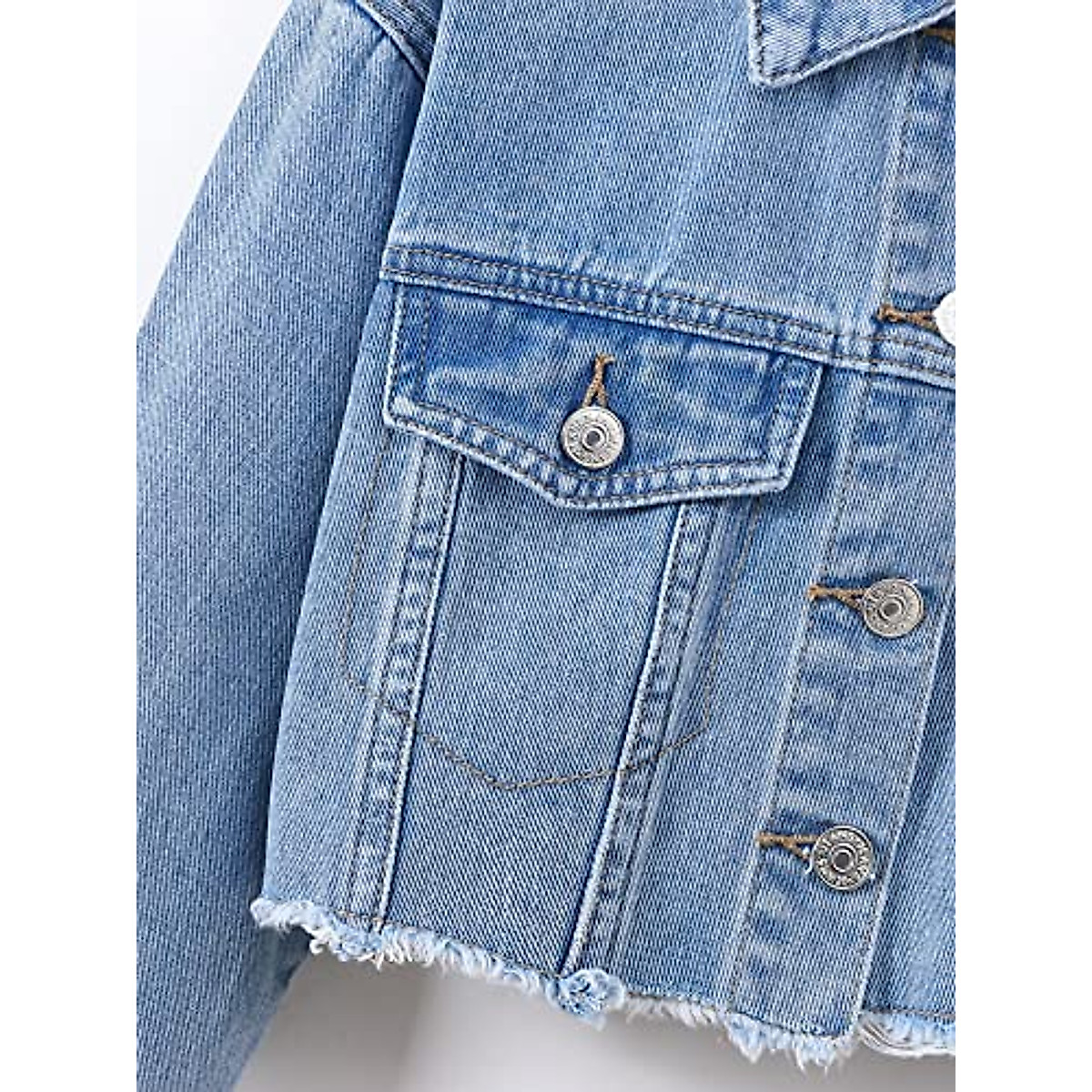 Verdusa Girl's Raw Hem Long Sleeve Single Breasted Crop Denim Jacket Outerwear Light Blue 9Y