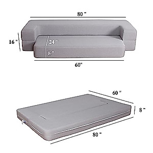 HonTop 8 Inch Folding Sofa Bed Queen Size Memory Foam Couch Convertible Futon Sleeper Foam Bed for Bedroom Living Room Guest, Light Grey