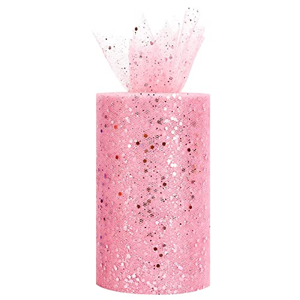 Glitter Tulle Rolls, 6” by 50 Yards (150FT) Sparkling Tulle Spool Ribbon Sequin Tulle Netting Fabric for Tutu Skirt Wedding Birthday Baby Shower (Pink)