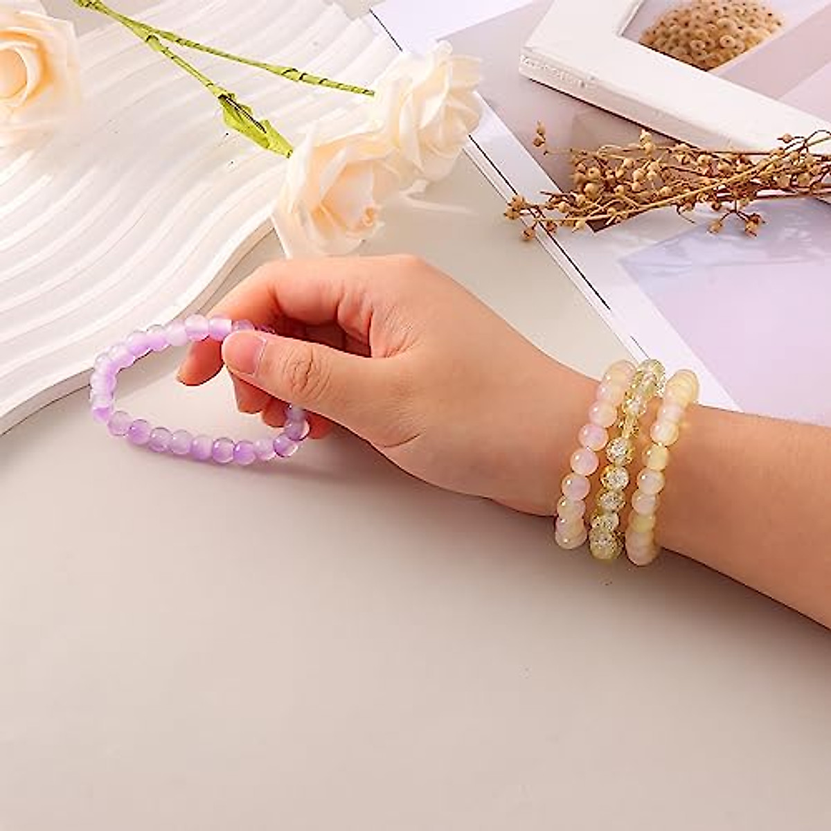 JEWPARK 22Pcs 8MM Beaded Stretch Bracelet Handmade Round Glass Bracelet for Women Men Multicolor Beads Elastic Bracelet Gift