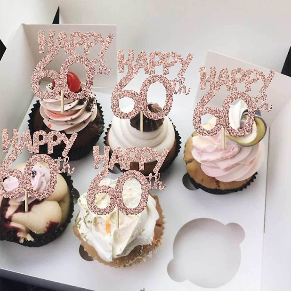 24 PCS Happy 60th Cupcake Toppers Glitter Sixty Cheers to 60 Fabulous Cupcake Picks Number 60 Birthday Cake Decorations for 60th Birthday Wedding Anniversary Retirement Party Supplies Rose Gold