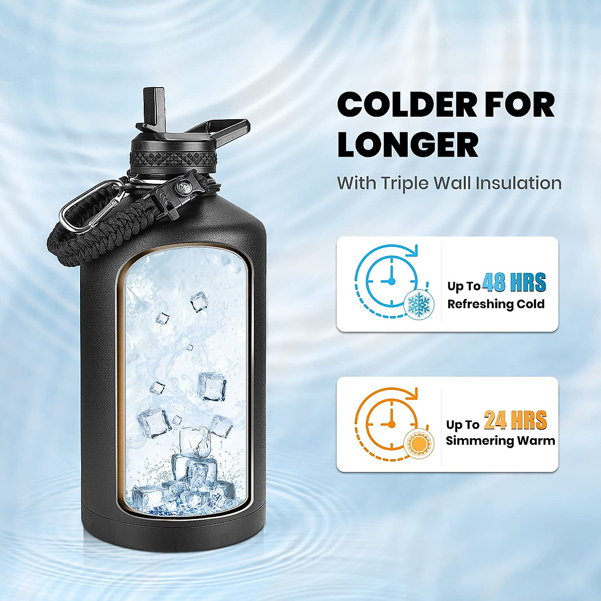 RAYMYLO One Gallon Water Bottle Insulated, Triple Walled Vacuum Stainless Steel (Cold for 48 Hrs), Leak Proof & Non-BPA, Large Water Flask Jug with Paracord Handle & Straw Spout Lids