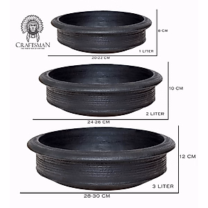 Generic Craftsman India Online Deep Burned Clay Pot/Earthen/Mud/Mitti Handi for Cooking and Serving Combo 1, 2 & 3 Liter |Uncoated |Silver, Black, MH4537JDF