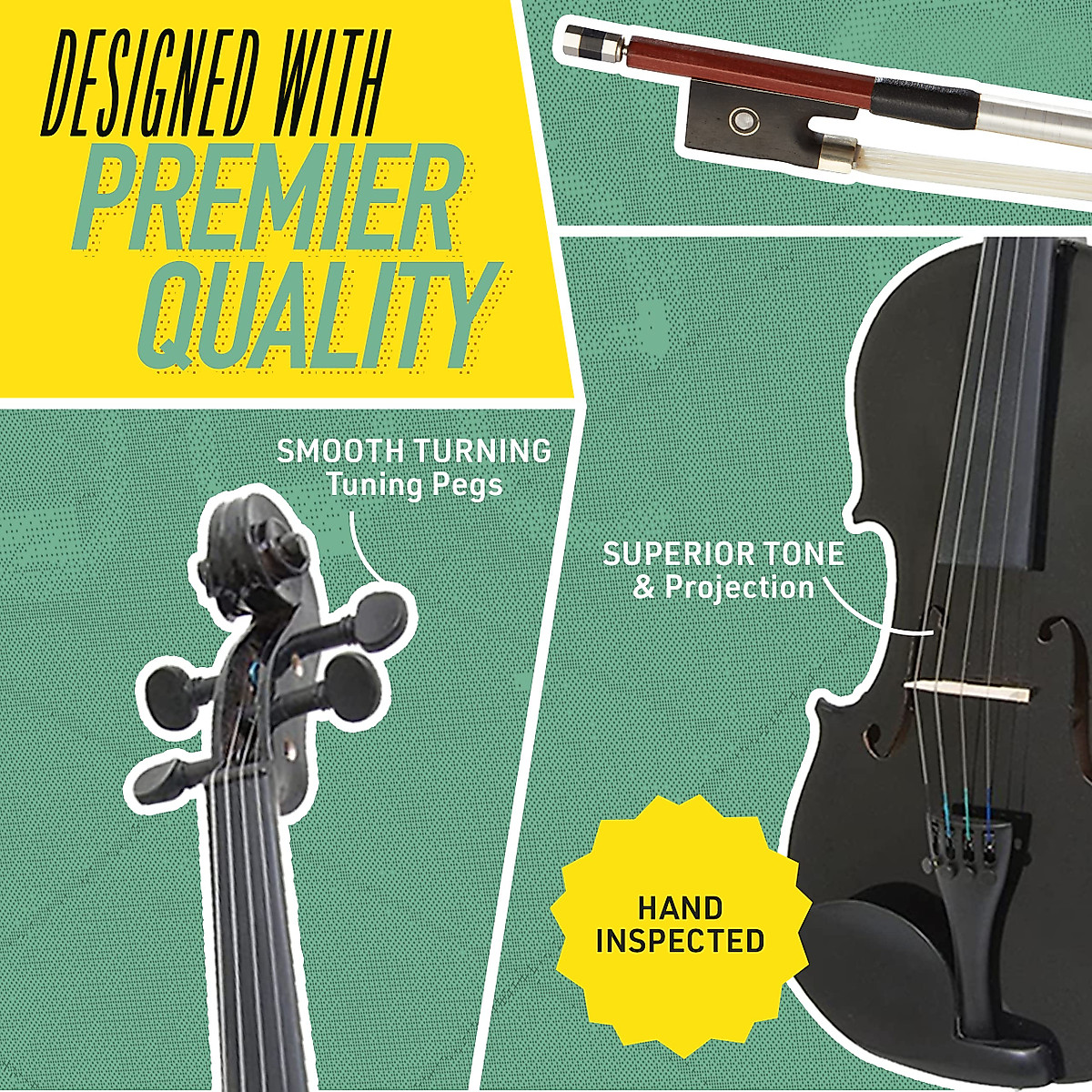 Mendini By Cecilio Violin For Kids & Adults - 4/4 MV Metallic Black Violins, Student or Beginners Kit w/Case, Bow, Extra Strings, Tuner, Lesson Book - Stringed Musical Instruments (Renewed)