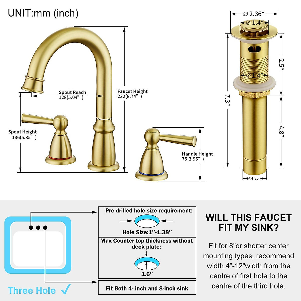 CREA Widespread Bathroom Faucet 3 Hole Brushed Gold Sink Faucet 8 inch with Pop Up Drain 2 Handle 4 inch Faucets for Vanity Lavatory Basin Restroom Bath Sink