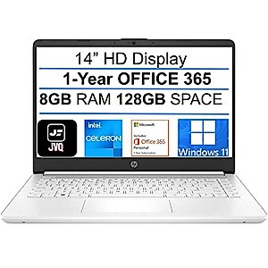 2022 Newest HP Stream 14" HD Laptop, Intel Celeron N4020(up to 2.8GHz), 8GB RAM, 128GB Space(64GB eMMC+64GB Card), 1-Year Office 365, WiFi, HDMI, USB-C, Webcam, Bluetooth, Windows 11S, White+JVQ MP